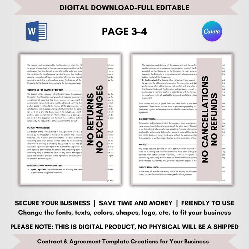 Non-refundable Deposit Agreement Template, 6 Pages DIY Editable ...