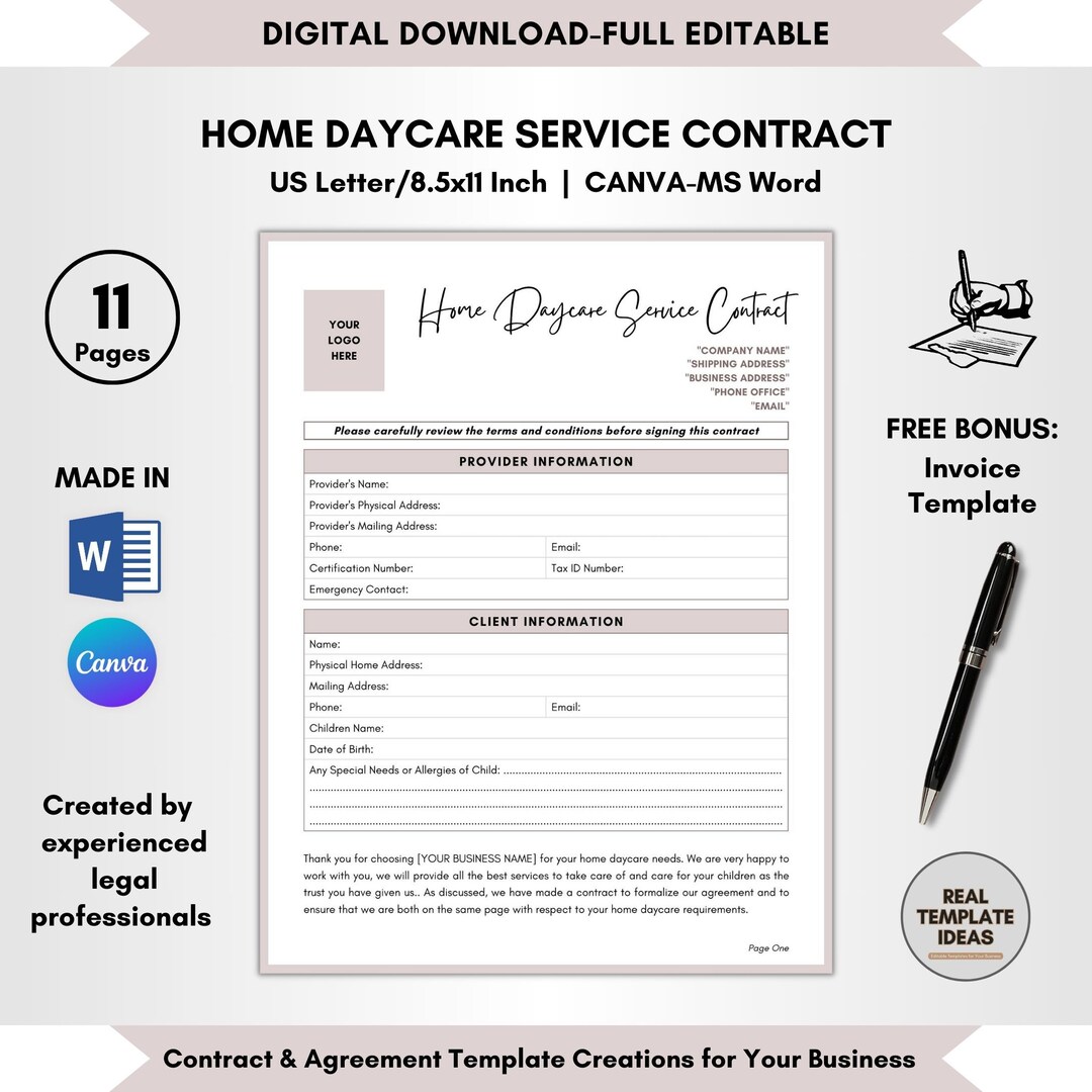 Home Daycare Service Contract Template, 11 Page DIY Editable, Childcare ...