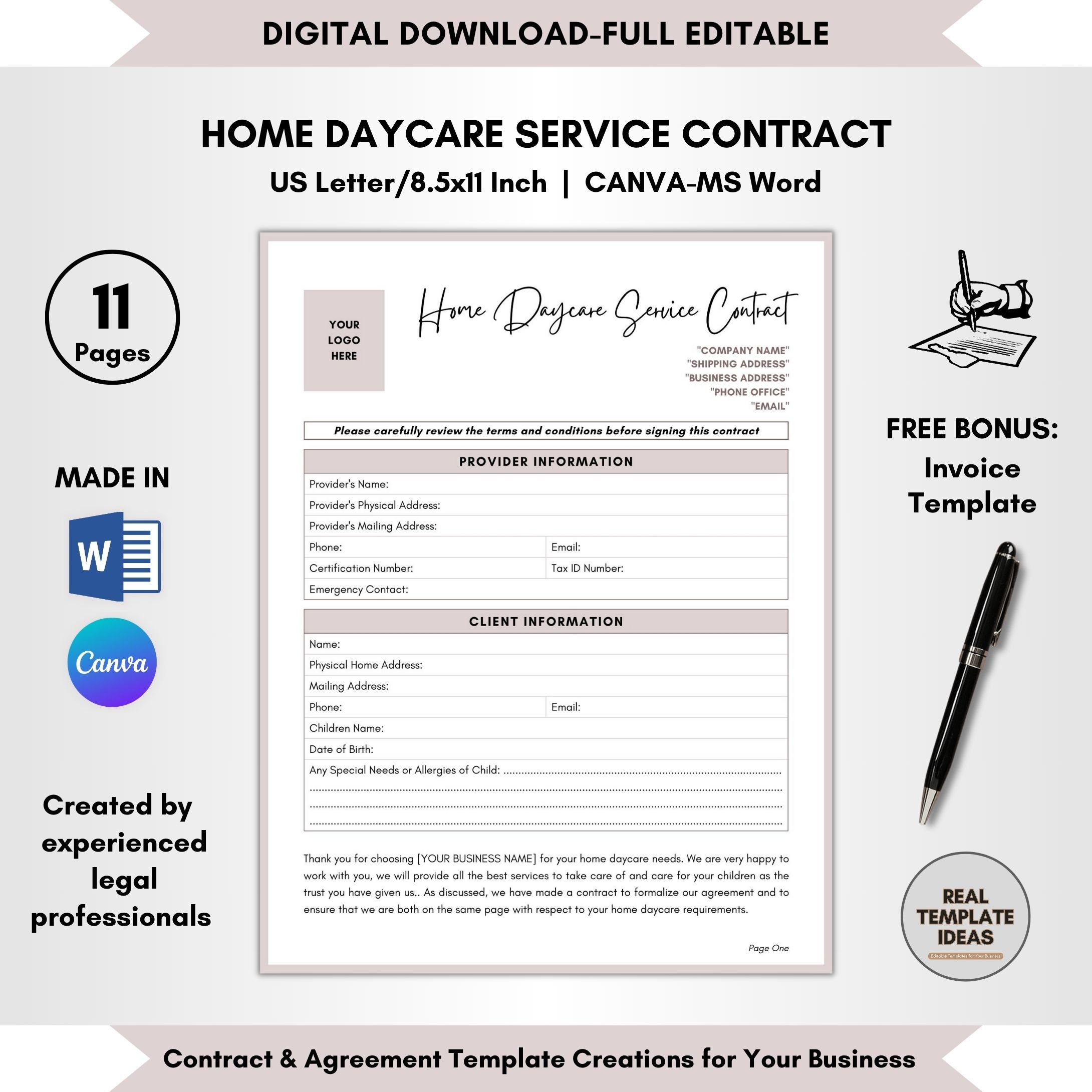 Home Daycare Service Contract Template, 11 Page DIY Editable, Childcare ...