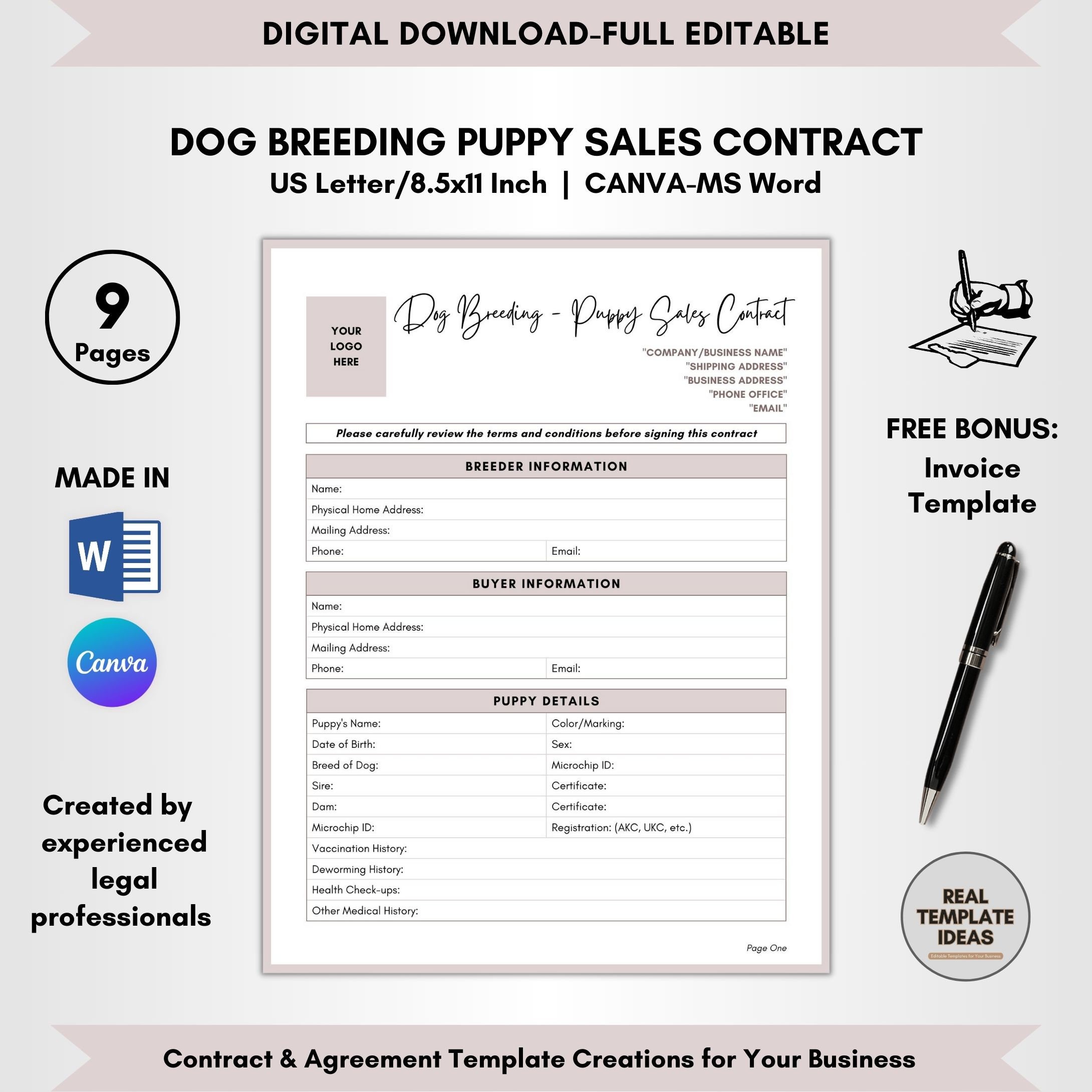 Dog Breeding Puppy Sales Contract Agreement Template: 9 Pages DIY ...