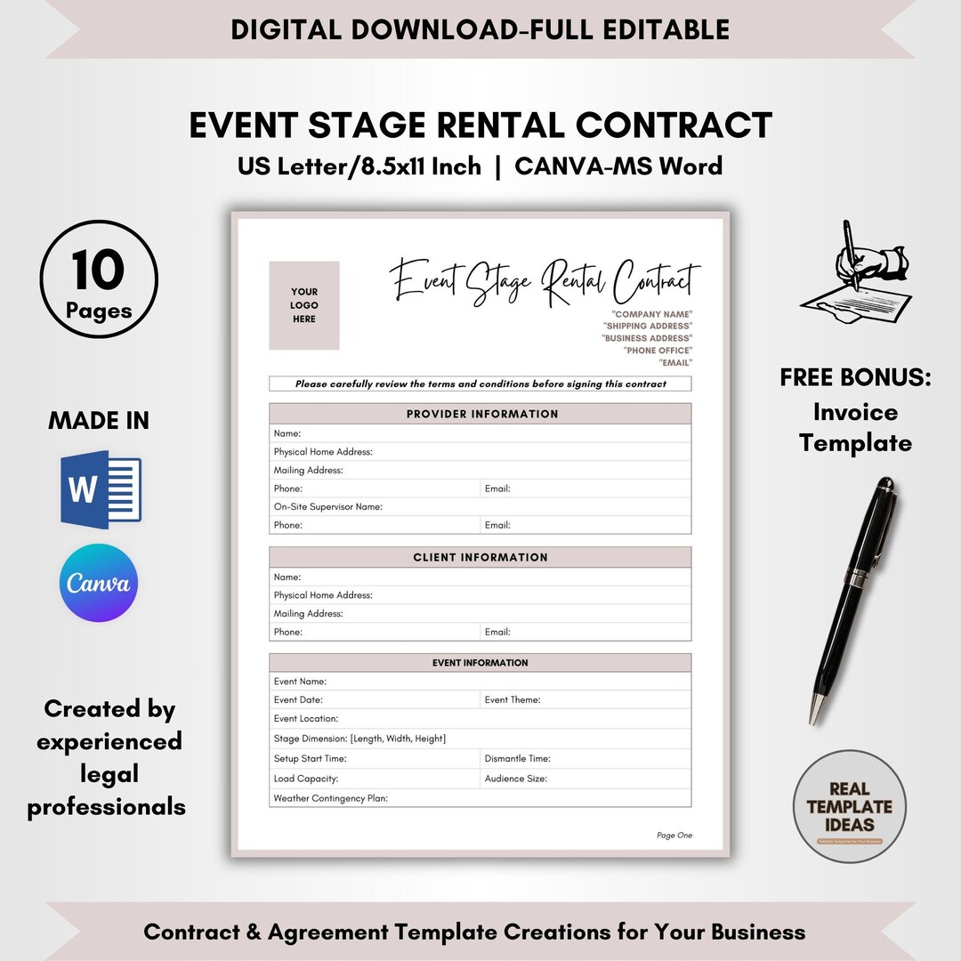 Event Stage Rental Contract Template, 10 Pages DIY Editable, Stage ...