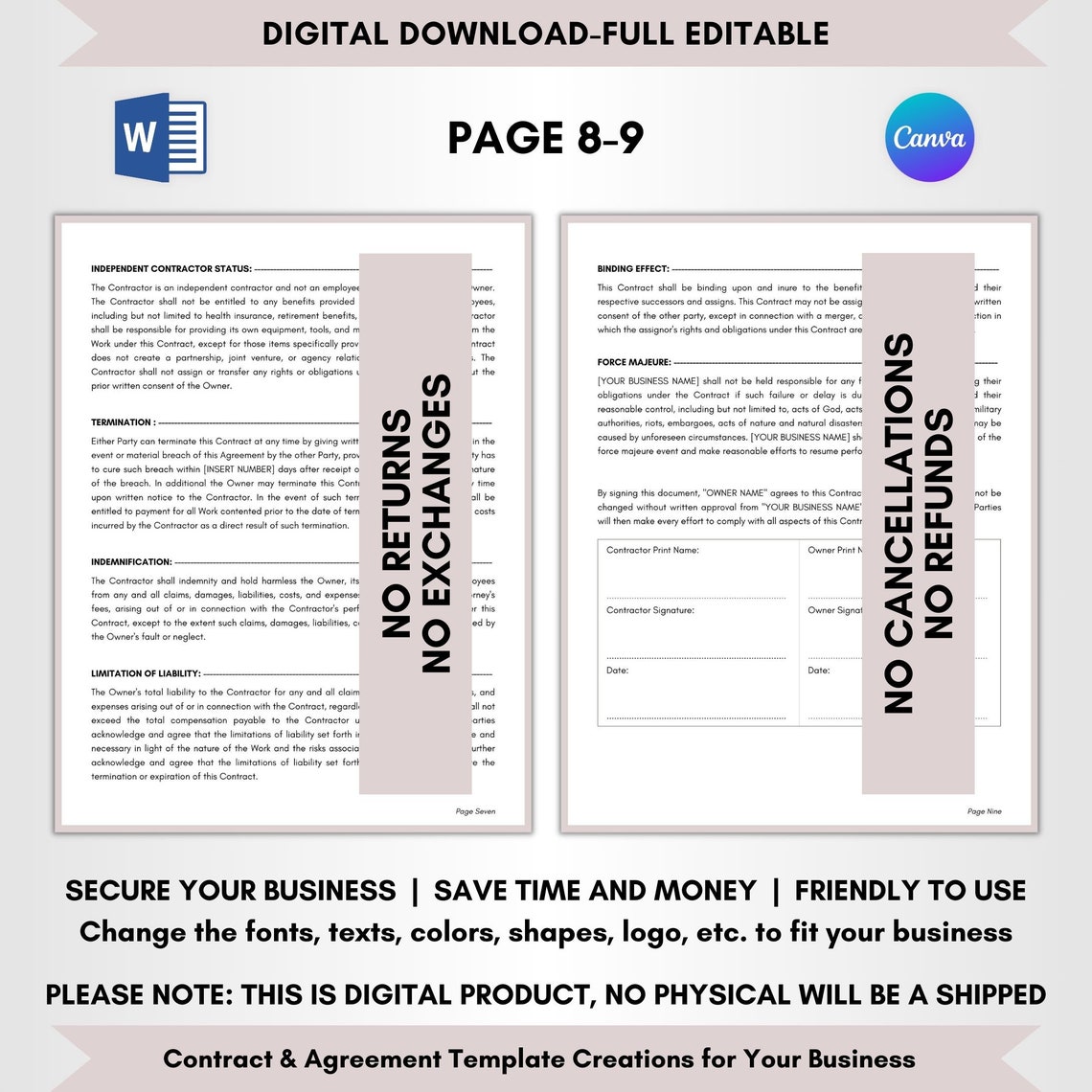 Construction Contract Agreement Template: 9 Pages DIY Editable (CANVA ...
