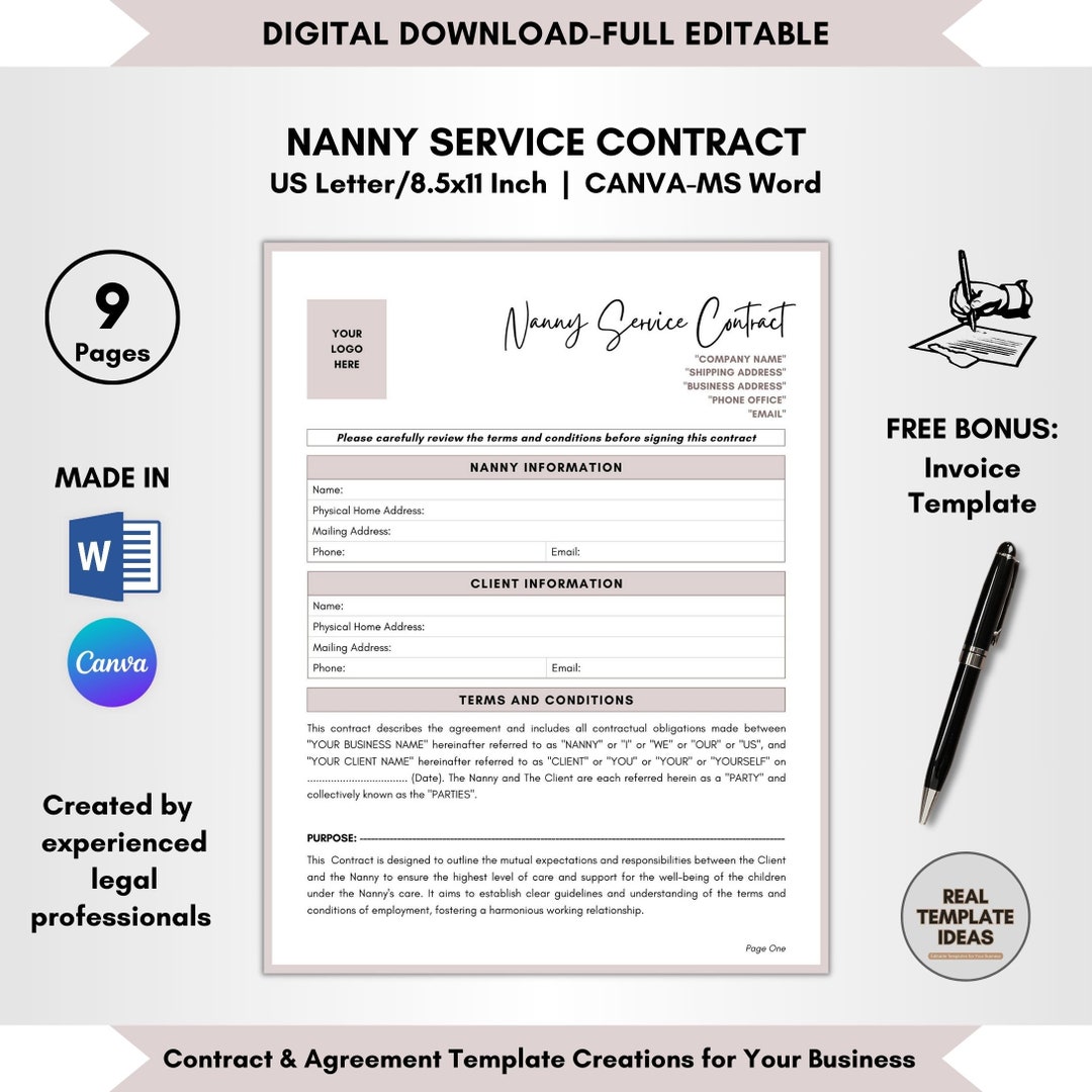 Nanny Service Contract Template, 9 Pages DIY Editable Template ...