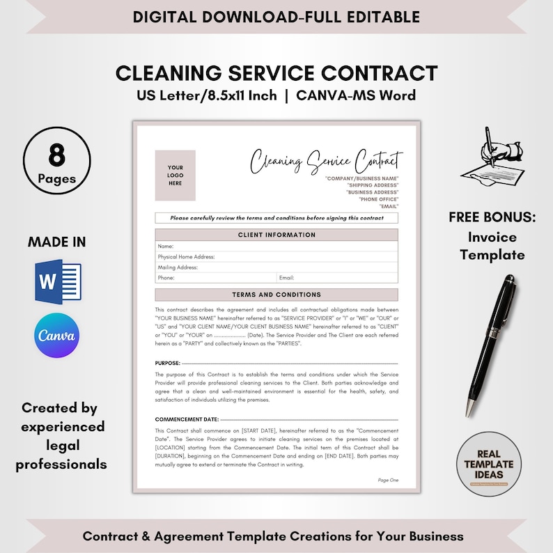 Cleaning Service Contract Template: Editable DIY Agreement (canva & MS ...