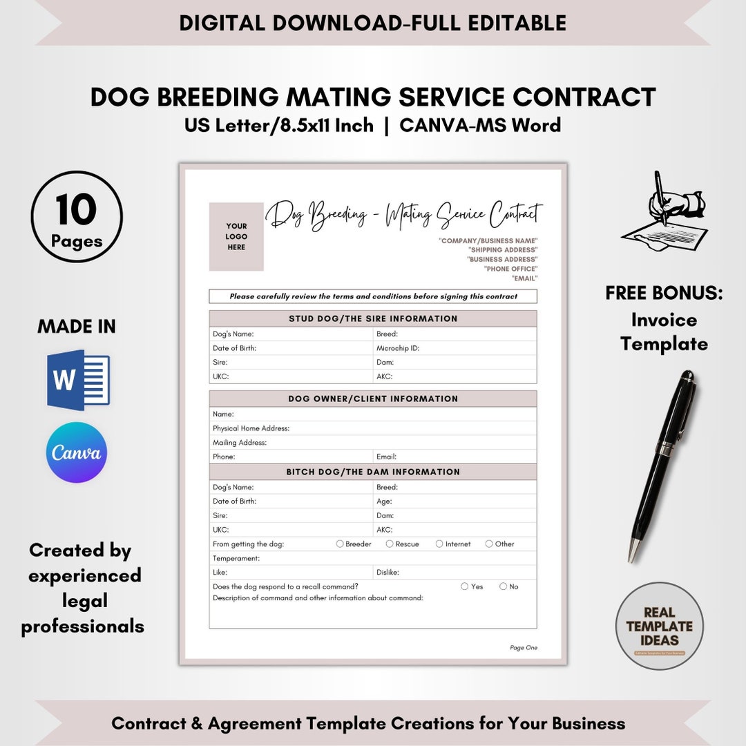 Dog Breeding Mating Service Contract Template, 10 Pages DIY Editable ...