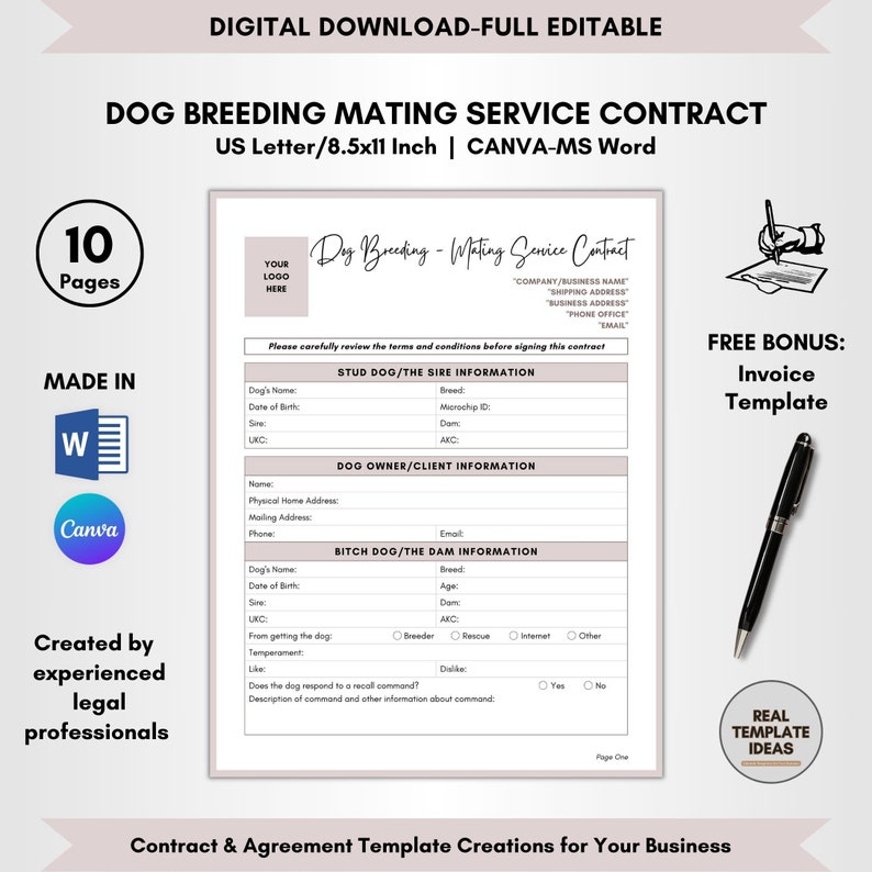 Dog Breeding Mating Service Contract Template, 10 Pages DIY Editable ...