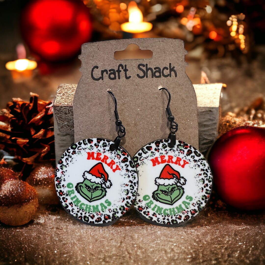 Merry Grinchmas, Round Earrings, Lightweight, Black Hardware, Christmas ...