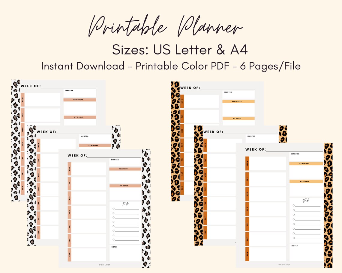Cheetah Print Weekly Planner Printable | US Letter, A4 (instant ...