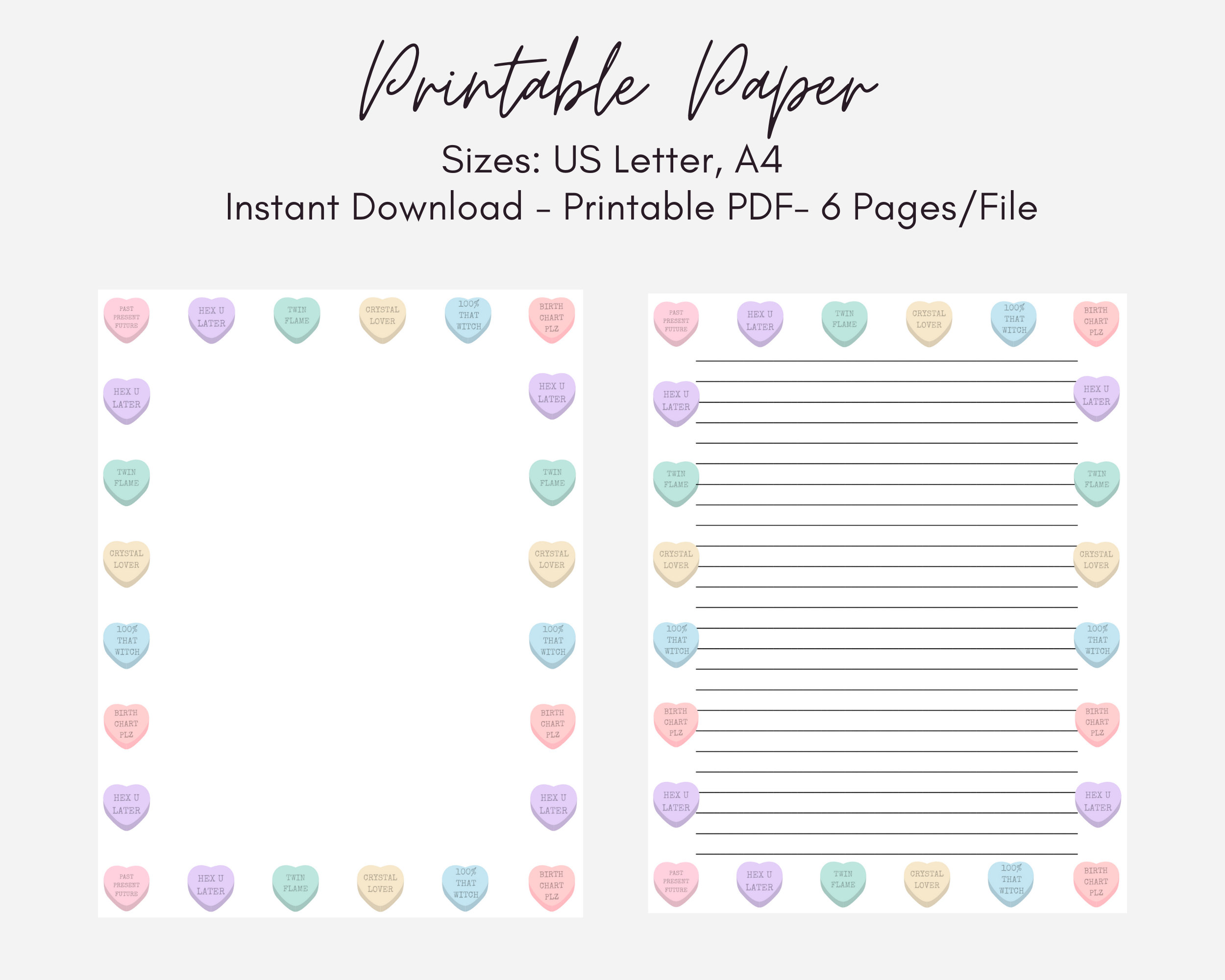 Candy Hearts Printable Stationary Paper Valentine's Day Printable Paper ...