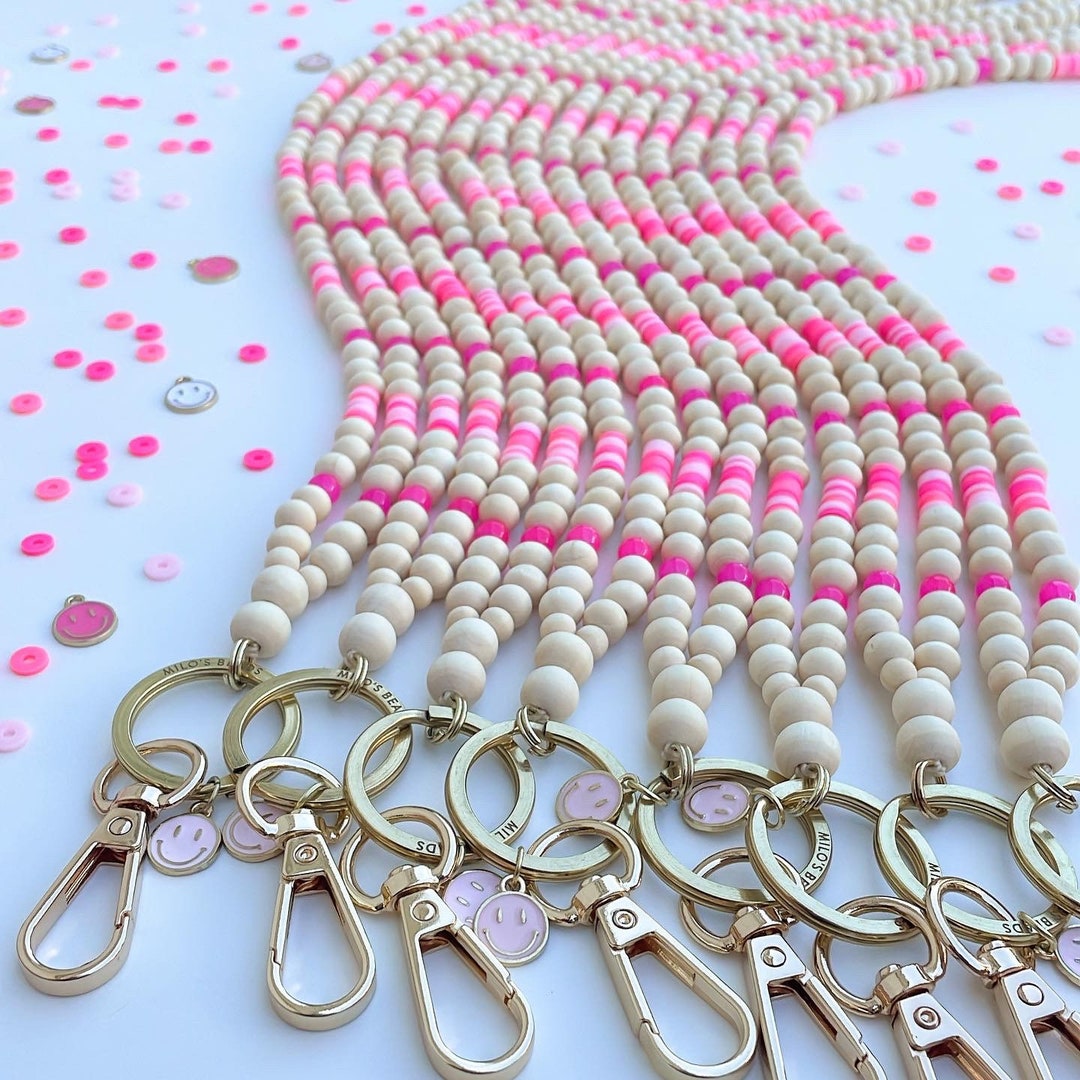 HOT PINK Smiley Lanyard, Teacher Lanyard, Wood Lanyard, Wooden Bead ...