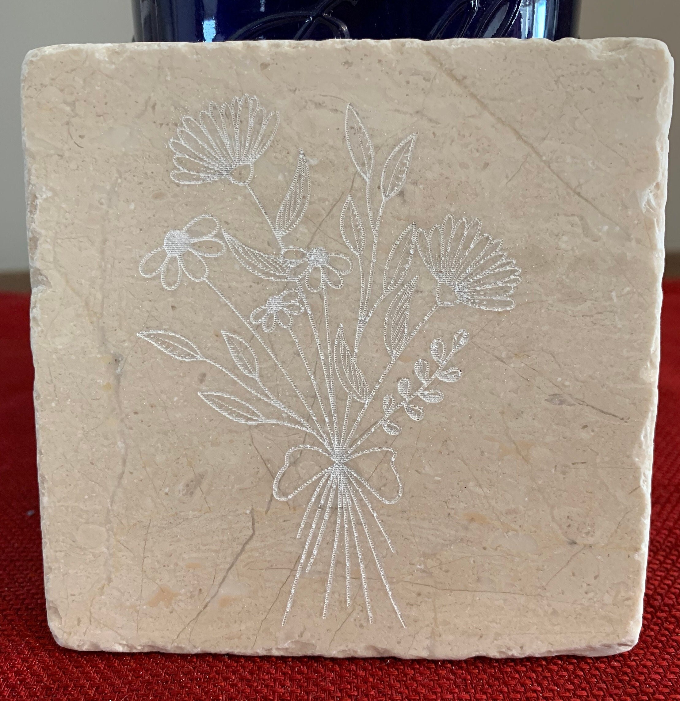 Wildflower Laser Engraved Tumbled Marble Coaster Set With Storage Box ...