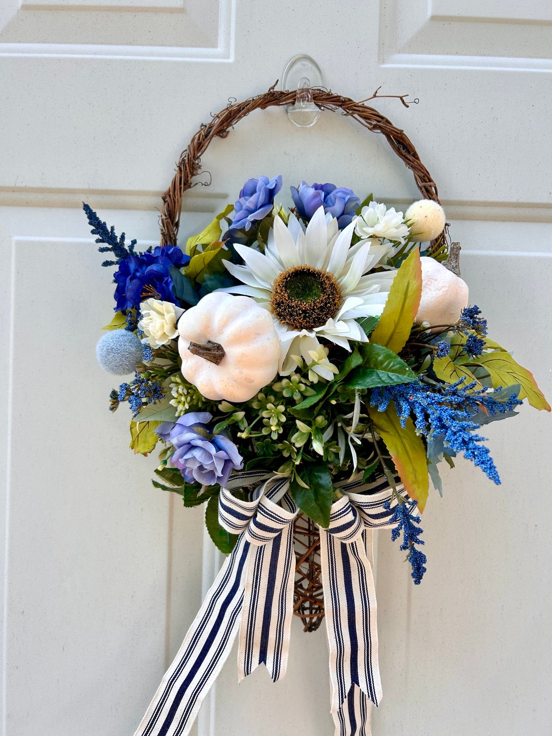 Fall Basket Wreath.autumn Basket Wreath White and Blue Basket Wreath ...