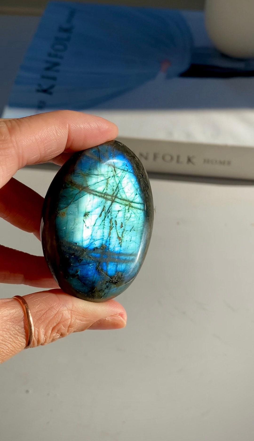 Green and Blue Transistion Flash Labradorite Crystal Palm Stone Double ...