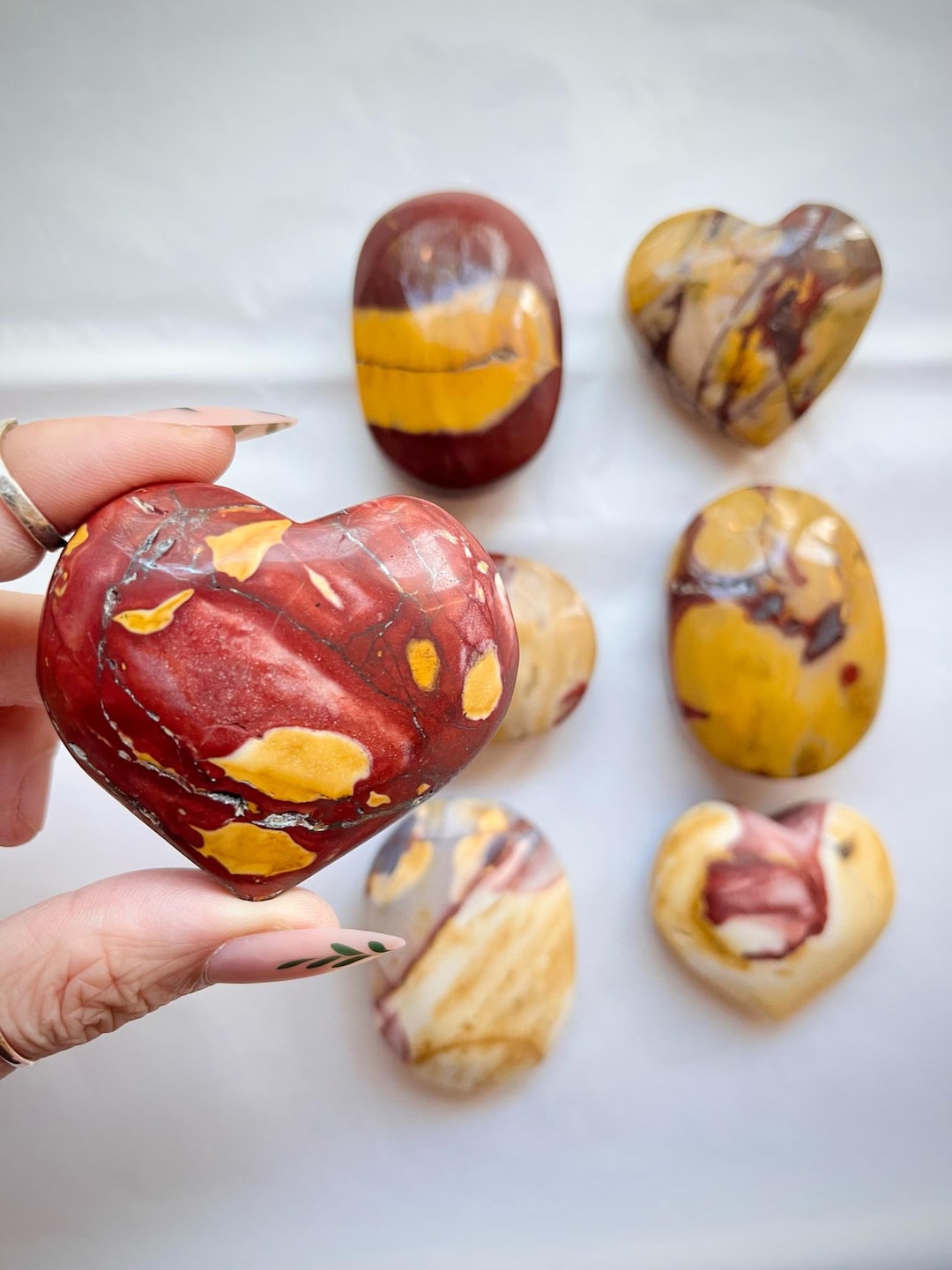 Bright Red and Yellow Mookaite Hearts and Palm Stones 50-90g 1.8-3.2oz ...