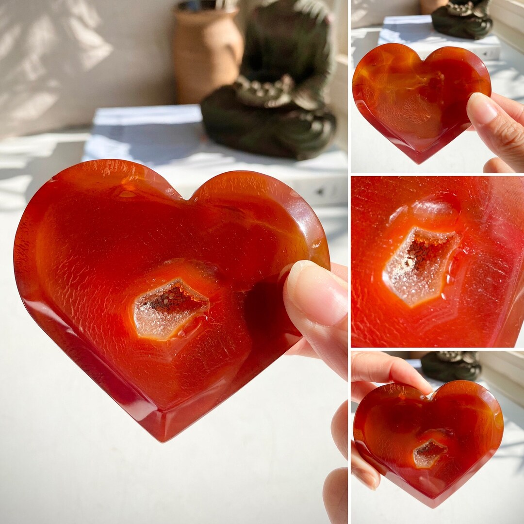 Deep Red Carnelian Geode Crystal Druzy Heart Carving 150g 8x7x1cm 5.3oz ...