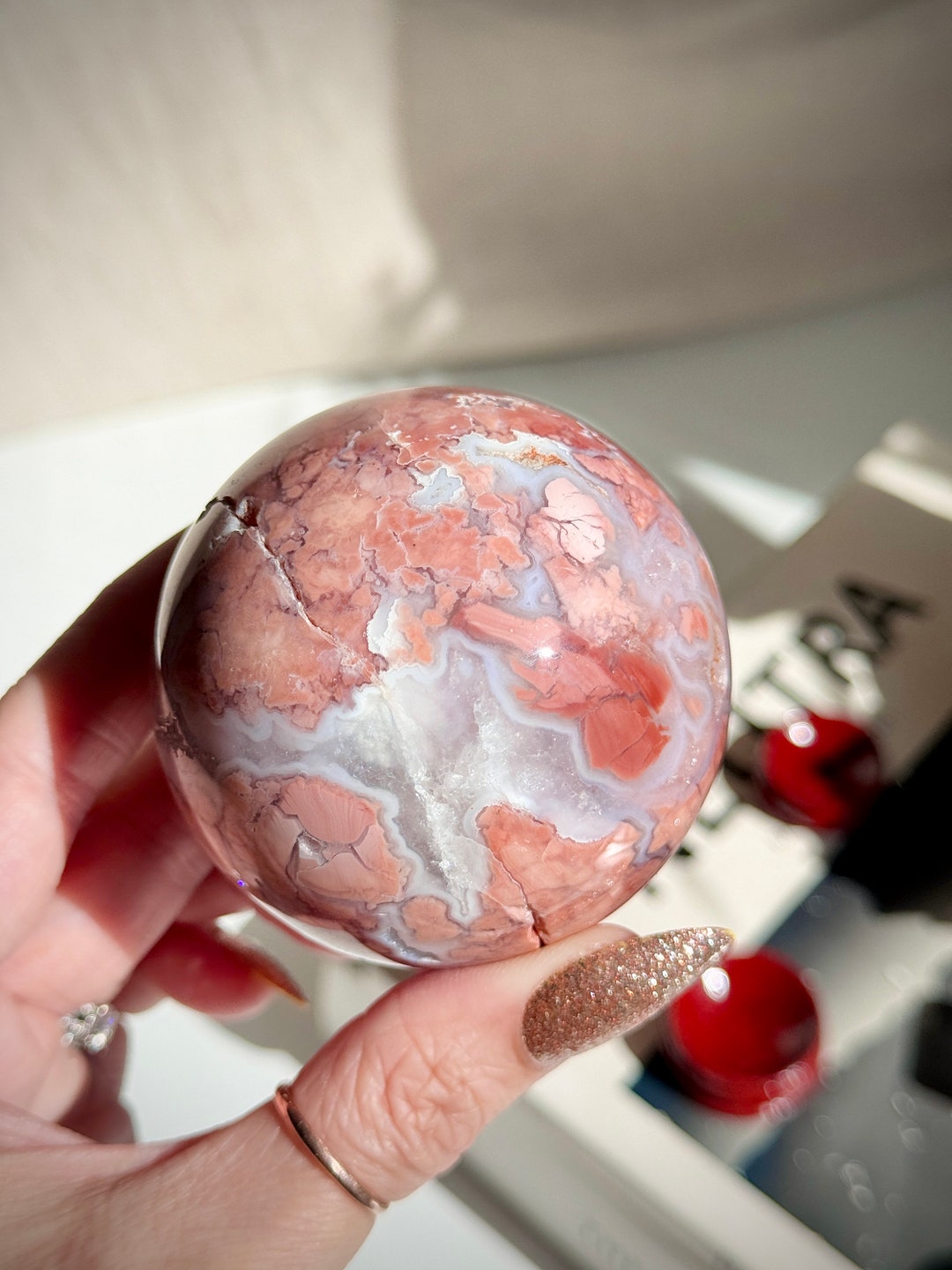 Sparkling Pink Flower Cotton Candy Agate With Glittery Blue Chalcedony ...