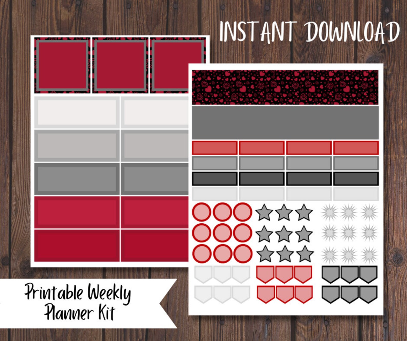 Printable Weekly Planner Kit Black and Red Heart Design | Etsy