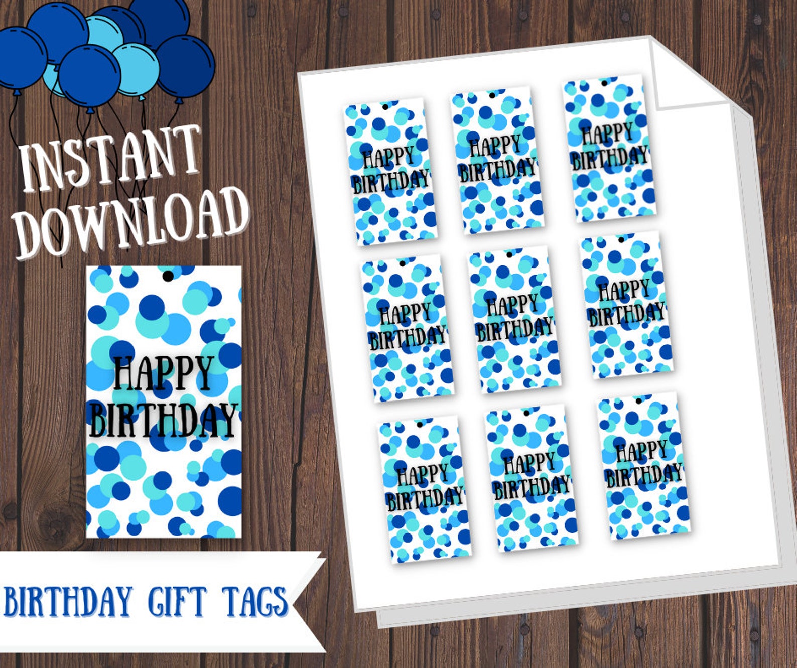 Printable Happy Birthday Gift Tags, Tags for Gifts, Blue Gift Tags ...