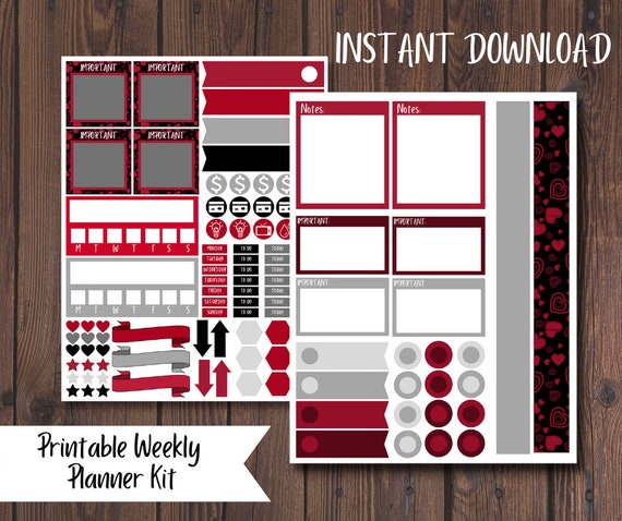 Printable Weekly Planner Kit Black and Red Heart Design | Etsy