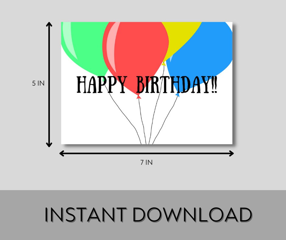 Printable Happy Birthday Card, Balloon Birthday Card, Minimal Card ...