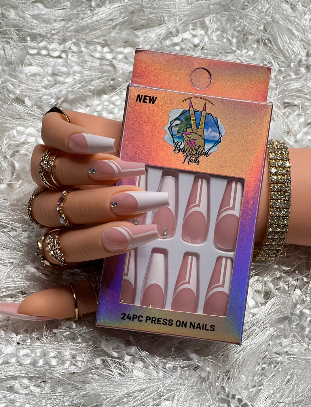 24 Pc Press on Nails Long, White French Tip Press Ons - Etsy