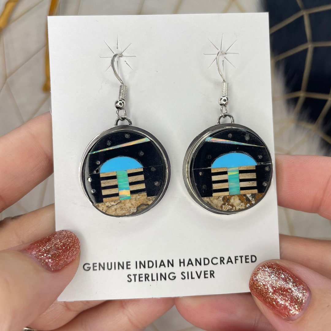 Navajo Earrings Hogan Dwelling NIGHT Sky Sterling Silver - Turquoise ...