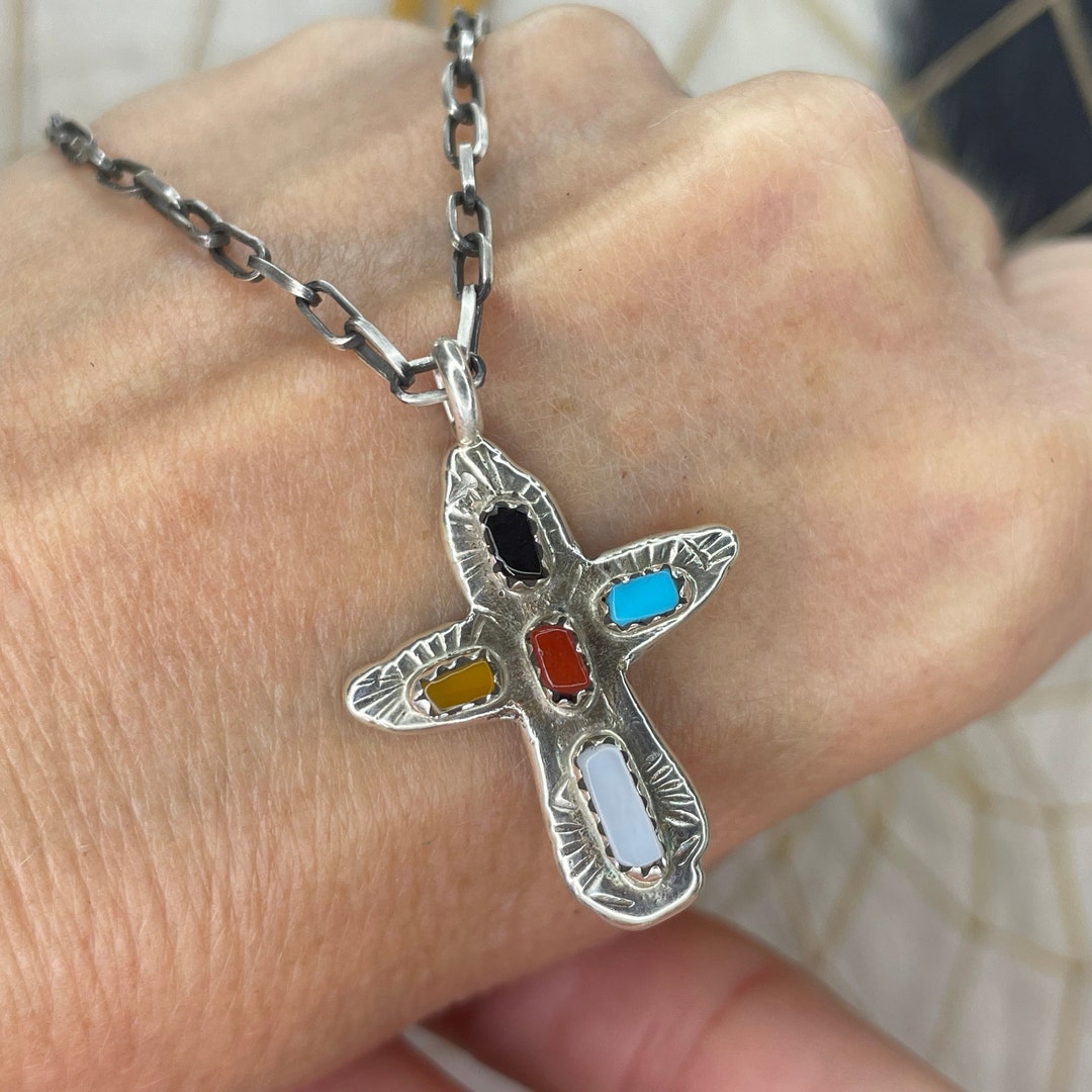 ZUNI Native American Turquoise Red CORAL Multi-stone Cross Pendant ...