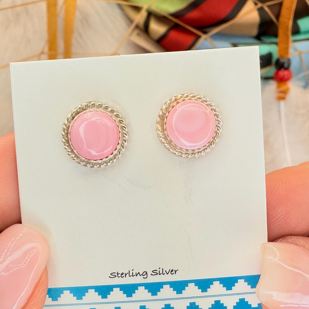 NAVAJO Native American PINK CONCH Shell Sterling Silver Post Earrings ...
