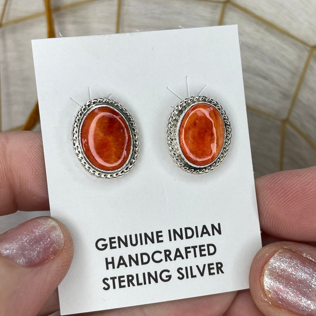 NAVAJO Native American SPINY OYSTER Shell Sterling Silver Stud Earrings ...