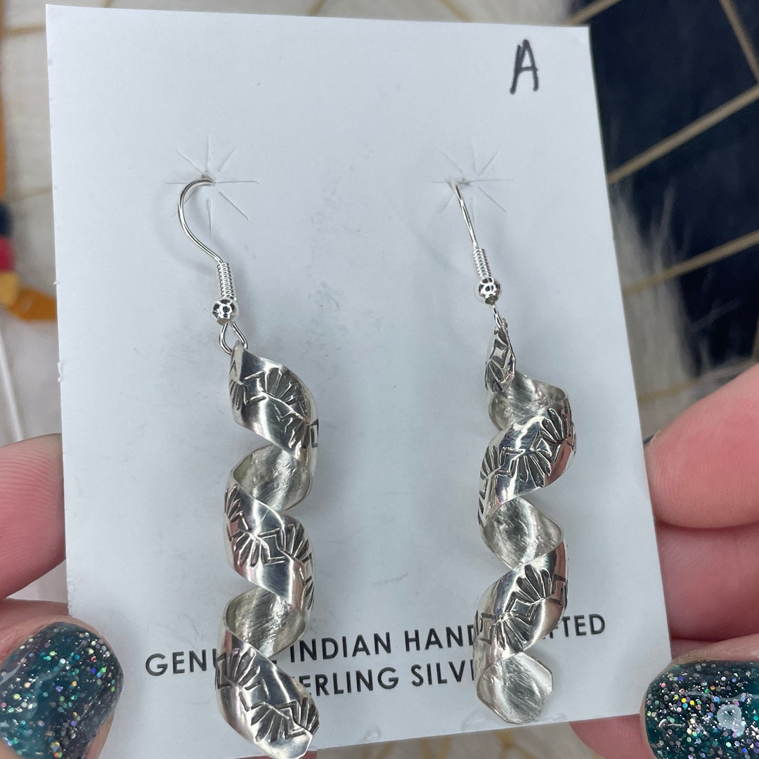 NAVAJO Native American Handmade Sterling Silver Twisted Bar Dangle Earrings! Native Designs ...