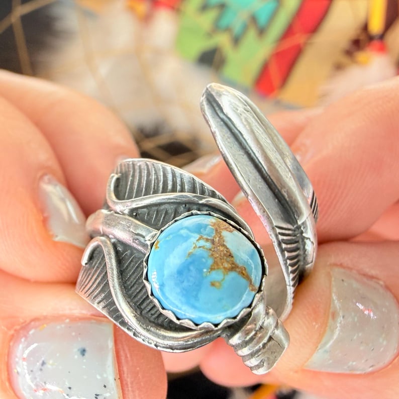 Handmade Navajo GOLDEN HILLS Turquoise FEATHER Ring in Sterling Silver ...