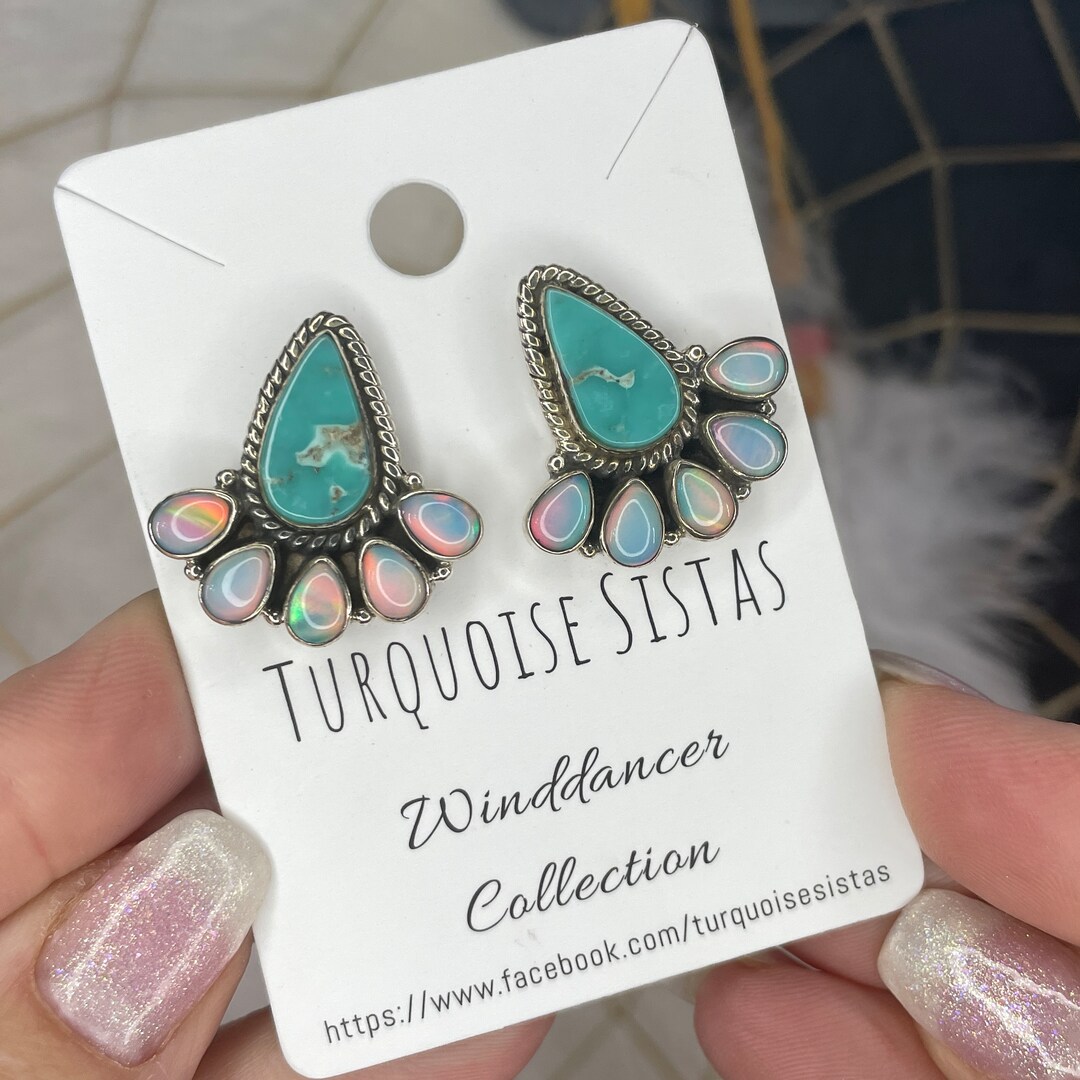 1/2 Price! Kingman Turquoise, Aurora Opal, Sterling Silver Post Cluster ...