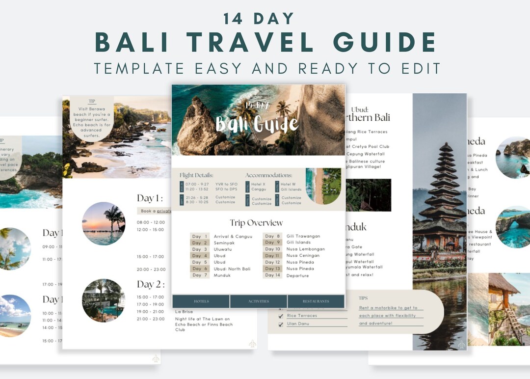 Travel Itinerary Template, Travel Bali, Modern Guide, Desktop, Ipad, Tablet, Editable on Canva ...