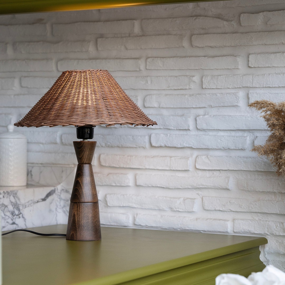 Walnut Rattan Table Lamp , Wood Base Handmade Lampshade , Walnut Table ...