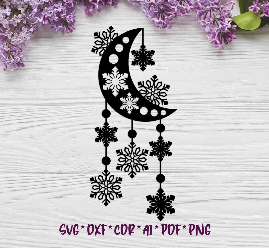 Moon With Snowflakes, New Year SVG, DXF, AI Digital Vector Design for ...