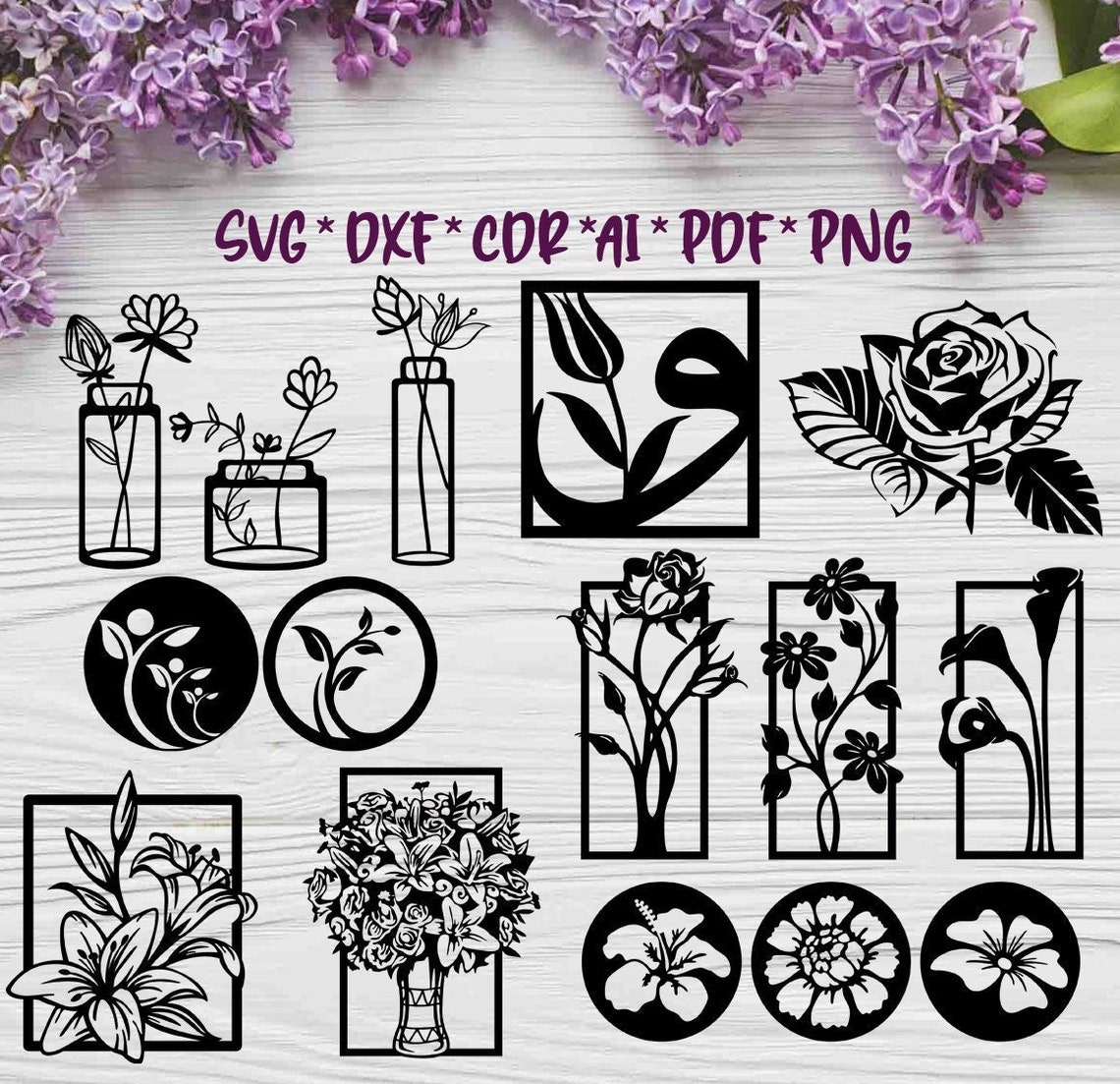 Flower Set, SVG, DXF, AI Digital Vector Design for Plasma and Laser ...