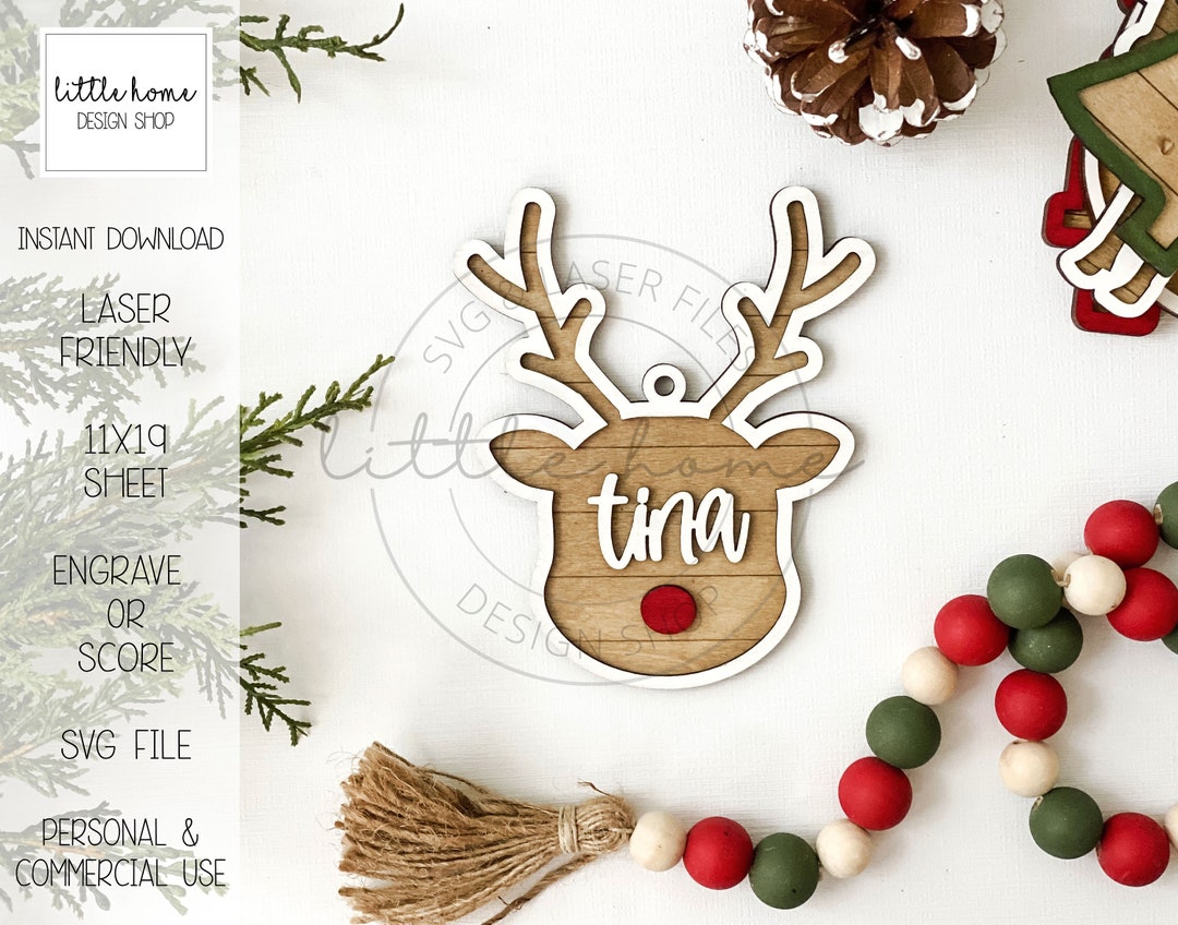 Reindeer Gift Tag Svg, Reindeer Ornament Laser Svg, Personalized ...