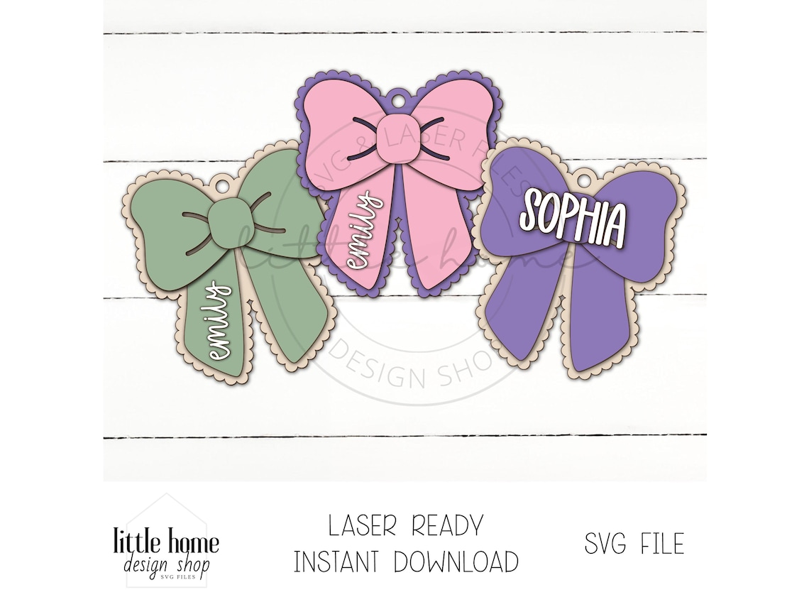 Scalloped Bow Name Tag Laser SVG, Bow Backpack Keychain Cut File ...