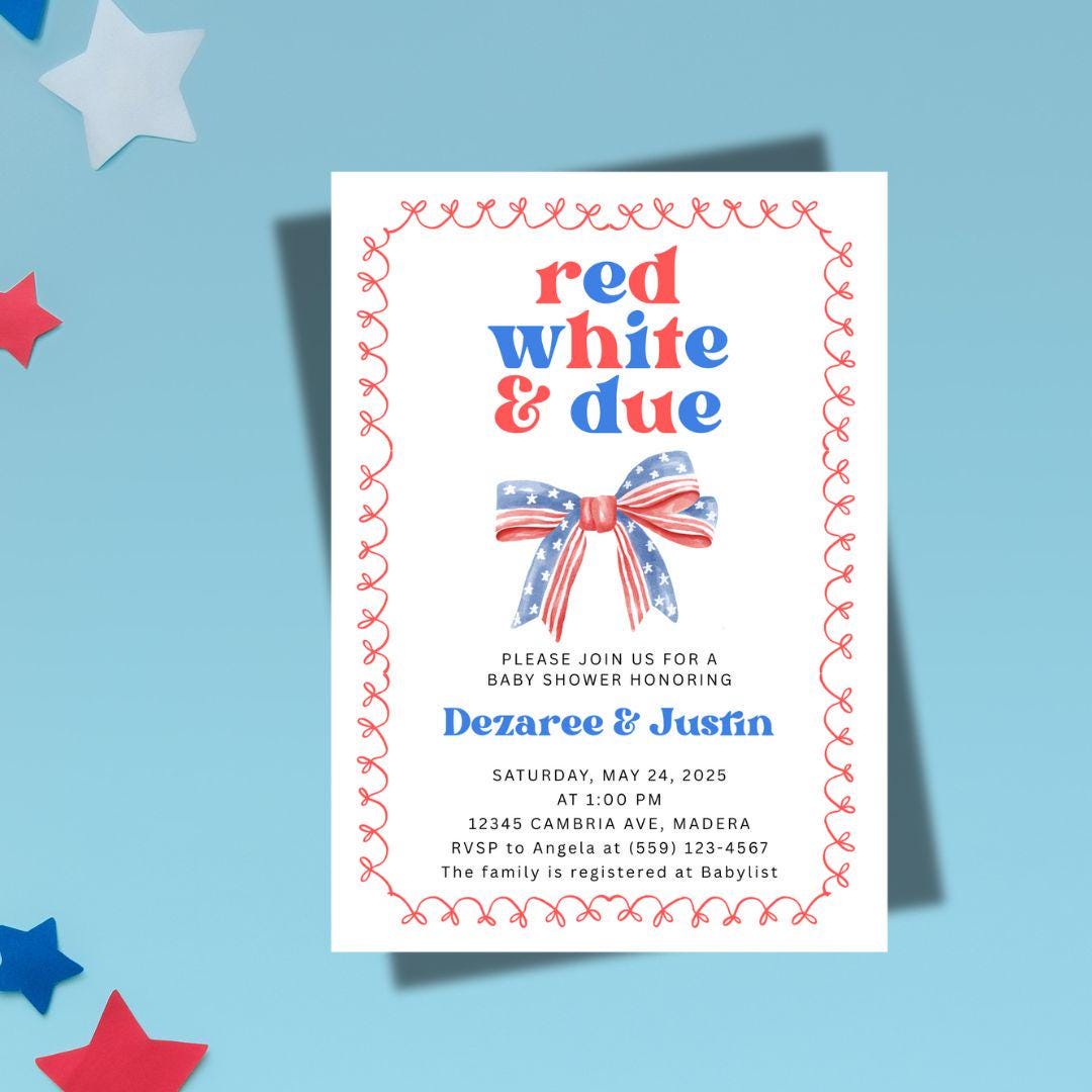 Red White & DUE Baby Shower Invitation: Patriotic Gender Neutral ...