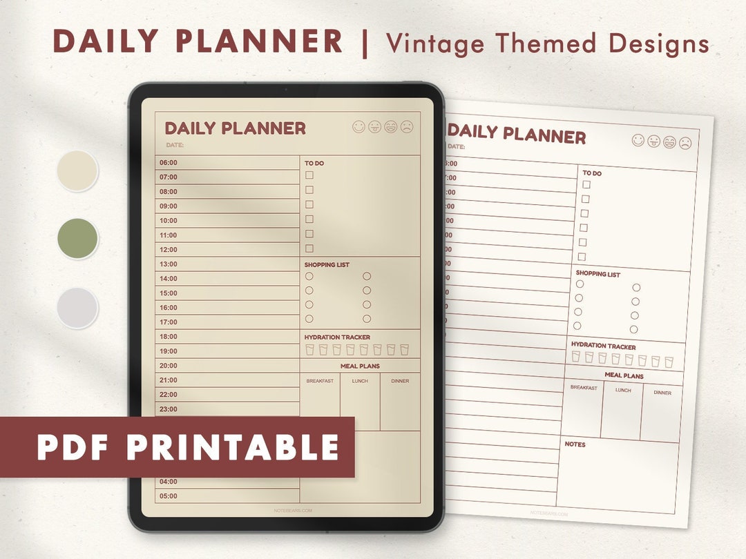 Digital Daily Planner Templates | PDF Printable | Vintage Retro Themed ...