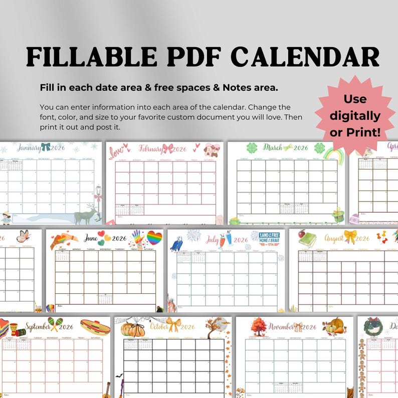 Fillable 2026 Monthly Calendar, Colorful Printable 2026 Planner for ...