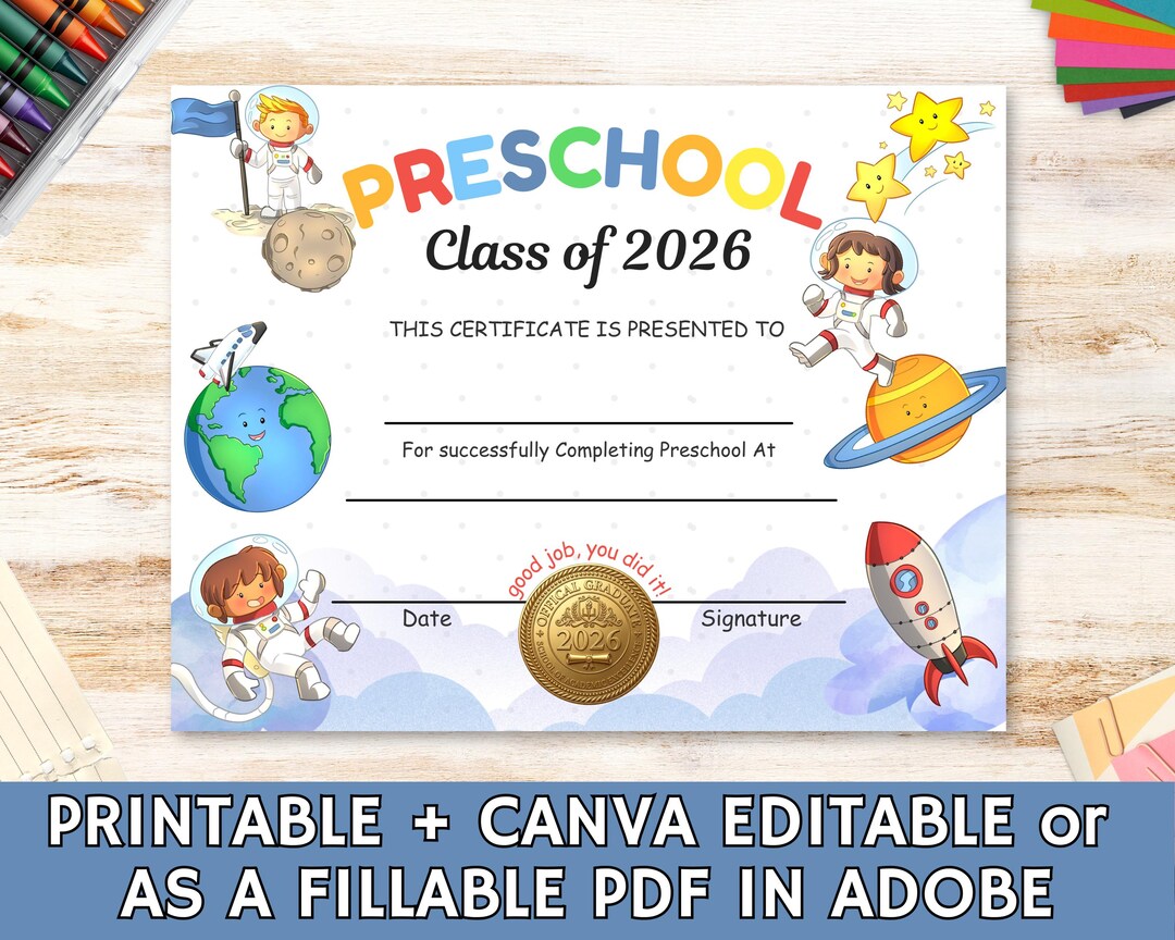 Editable Preschool Graduation Certificate Space Theme, Canva Diploma ...