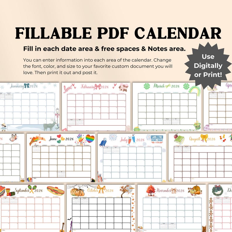 Calendrier mensuel 2026 à remplir, agenda 2026 imprimable coloré pour ...