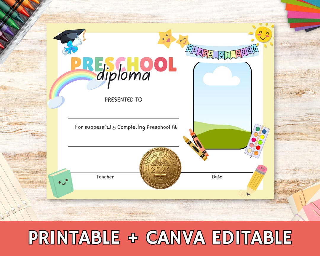 Editable Preschool Graduation Diploma Canva Template With Photo, Kids ...