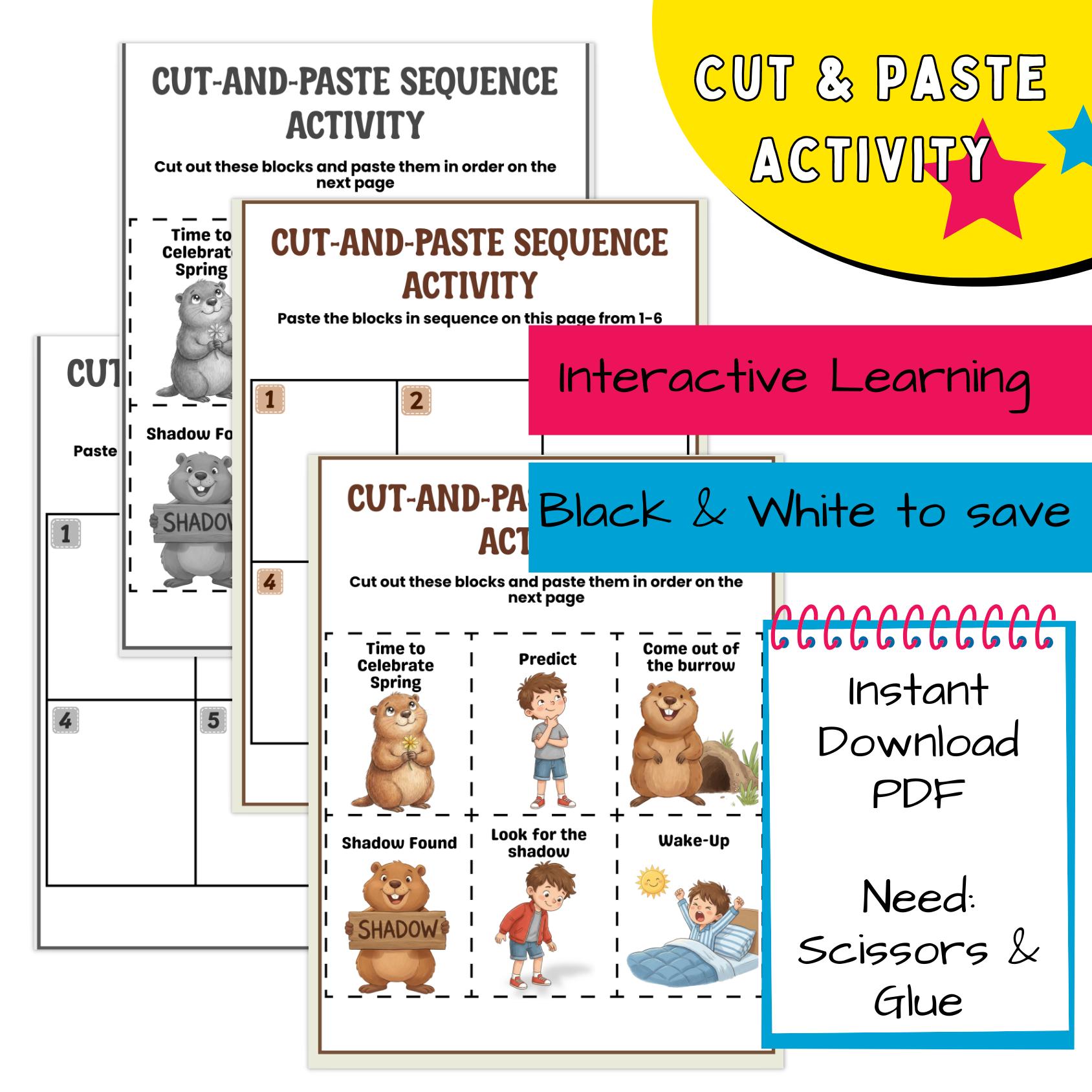 Groundhog Day Cut and Paste Sequencing Activity PDF Color/black and ...