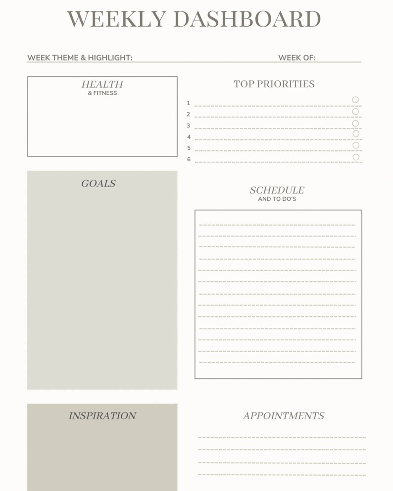 Weekly Dashboard & Planner Goal Tracker, To-do List, Organize Your Week ...