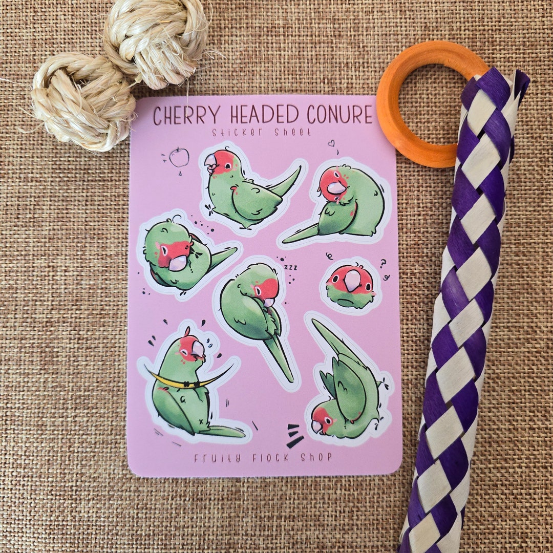 Cherry Headed Conure Sticker Sheet - Premium Matte Vinyl Sticker | Red Masked Parakeet Parrot ...
