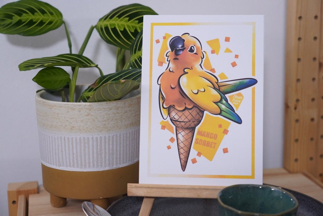 Mango Sorbet Ice Cream Sun Conure A5 Art Print - Cute Dessert Bird ...