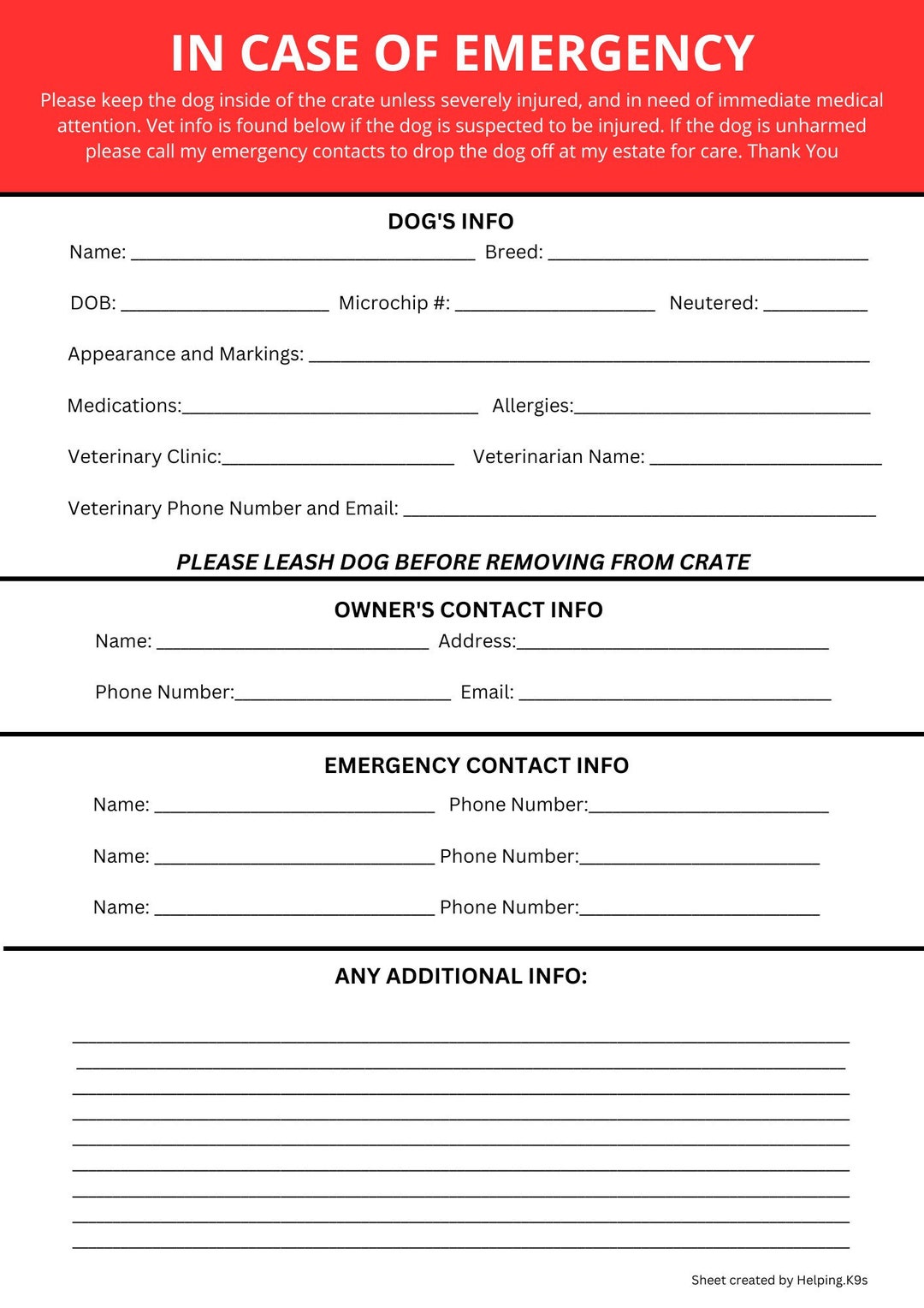 Emergency Kennel Info Sheet - Etsy