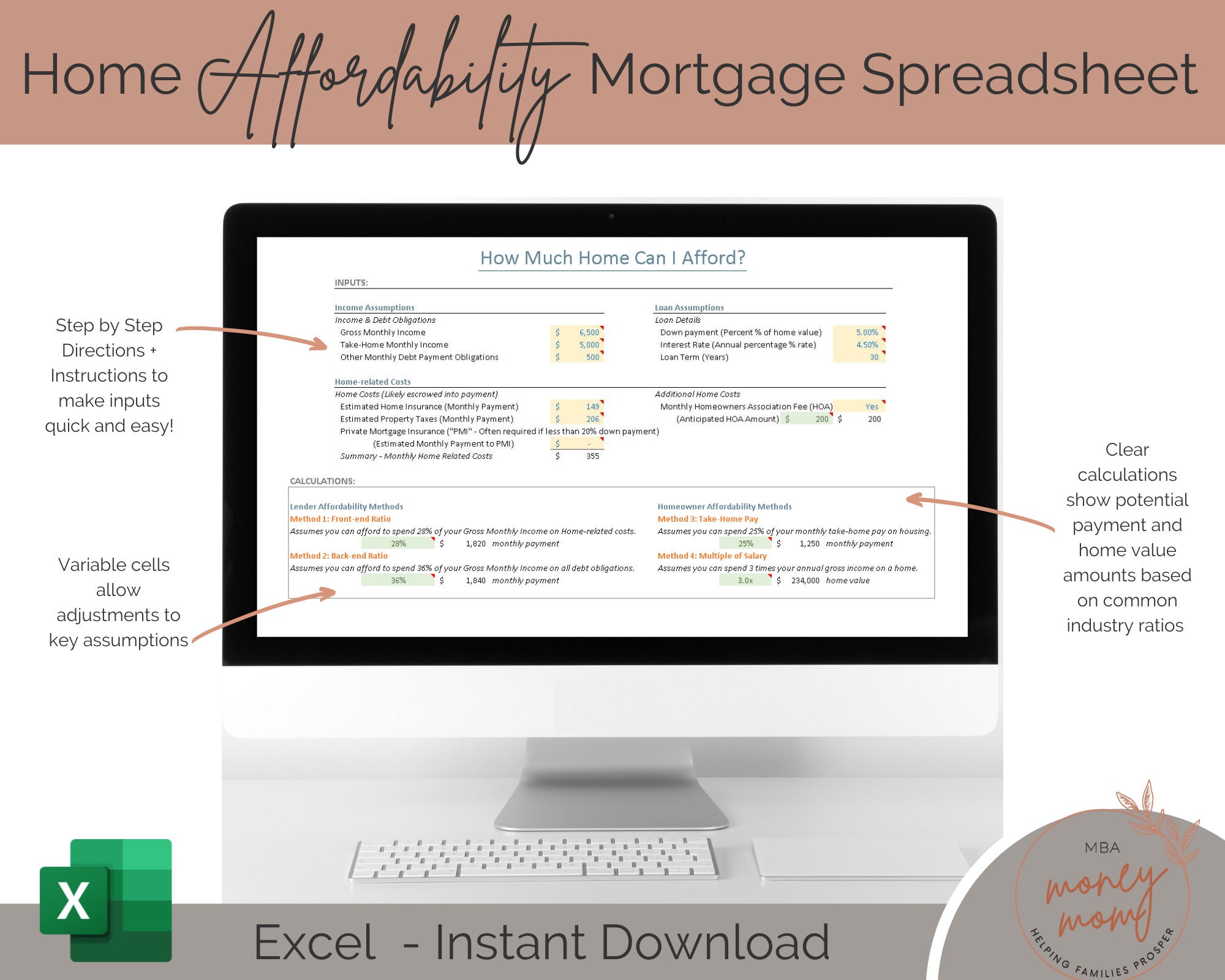 Mortgage Affordability Excel Spreadsheet, Payment Calculator, Key ...